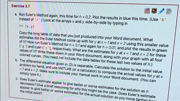 [GET ANSWER] Exercise 3.1 a. Run Euler's Method again, this time for h ...