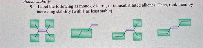 SOLVED: Alkene stabilily Label the following as mono -, di -, tri , or tetrasubstituted alkenes ...