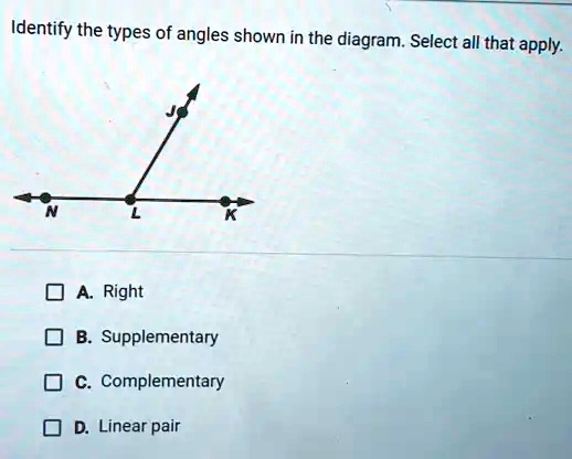 SOLVED: Identify the types of angles shown in the diagram Select all that apply: A Right ...