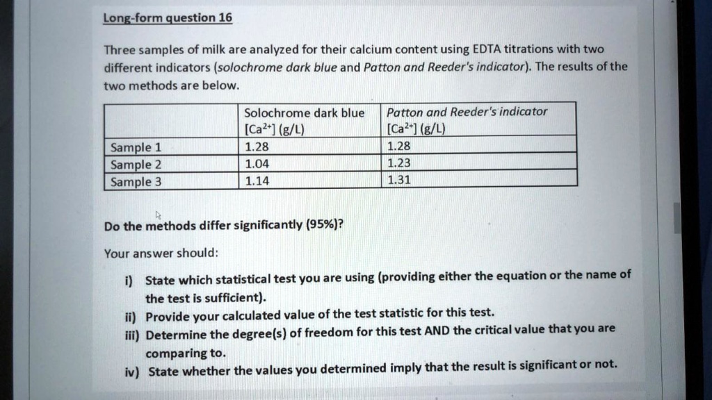 SOLVED: Long form question 16 Three samples of milk are analyzed for ...