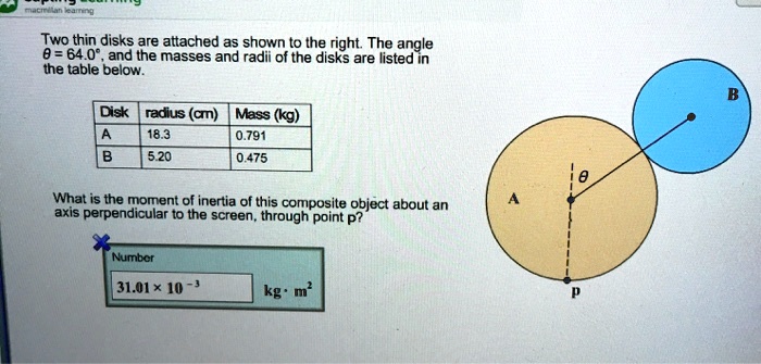SOLVED: Two thin disks are attached as shown to the right The angle 0 = 64.0' and the masses and ...