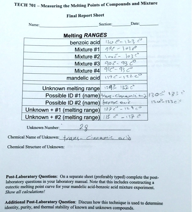 SOLVED: TECH 701 Measuring the Melting Points of Compounds and Mixtures ...
