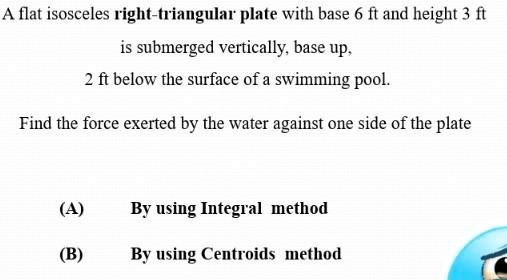 A flat isosceles right-triangular plate with a base of 6 ft and a ...
