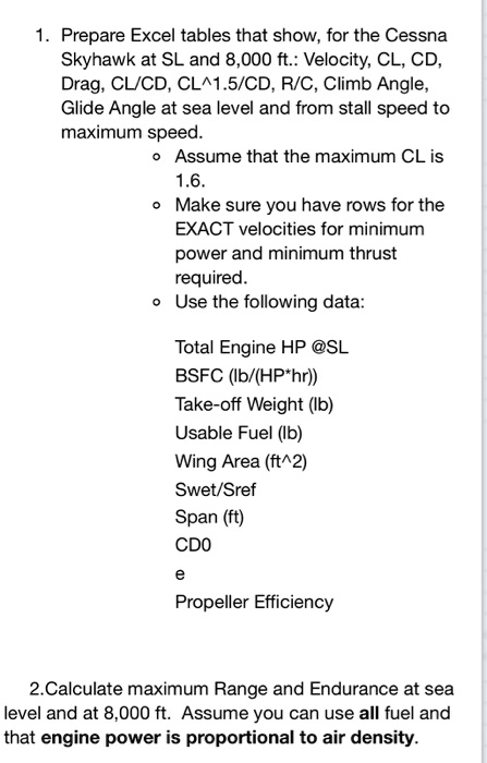 SOLVED: Prepare Excel tables that show; for the Cessna Skyhawk at SL ...
