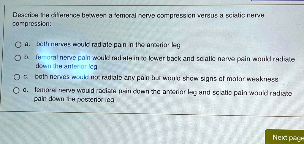 Describe the difference between a femoral nerve compression versus a ...