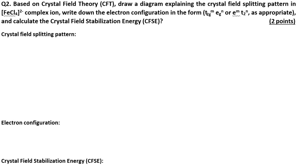 SOLVED: Q2. Based on Crystal Field Theory (CFT), draw a diagram ...