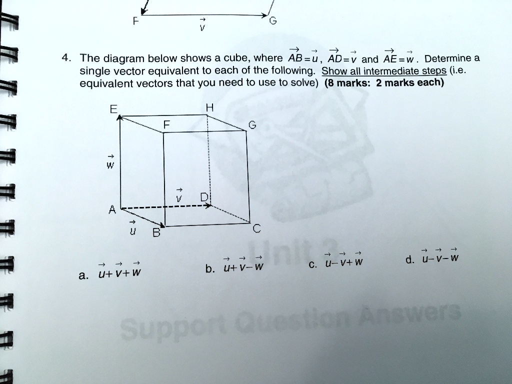 SOLVED: The diagram below shows a cube, where AB=U , AD=V and AE=w Determine a single vector ...