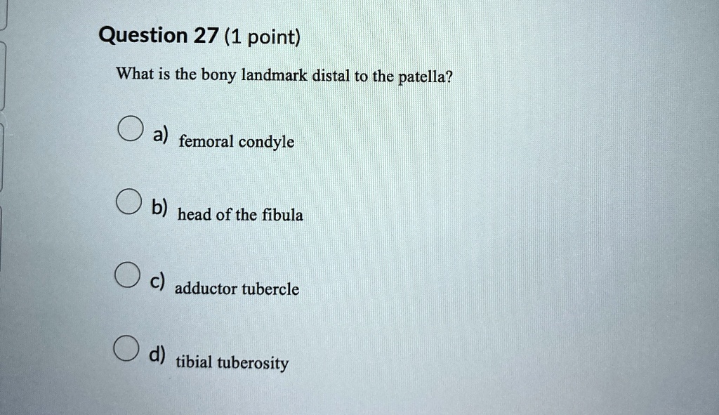 Question 27 (1 point) What is the bony landmark distal to the patella ...
