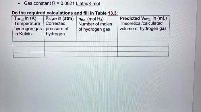 SOLVED:Gas constant R = 0.0821 Latm/K-mol Do the required calculations ...