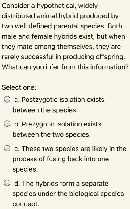 Consider a hypothetical, widely distributed animal hybrid produced by ...
