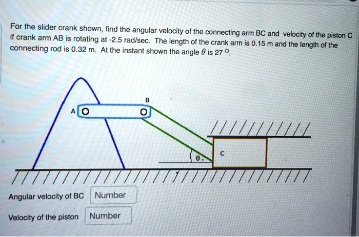 SOLVED: For the slider crank shown, find the angular velocity of the connecting arm BC and ...