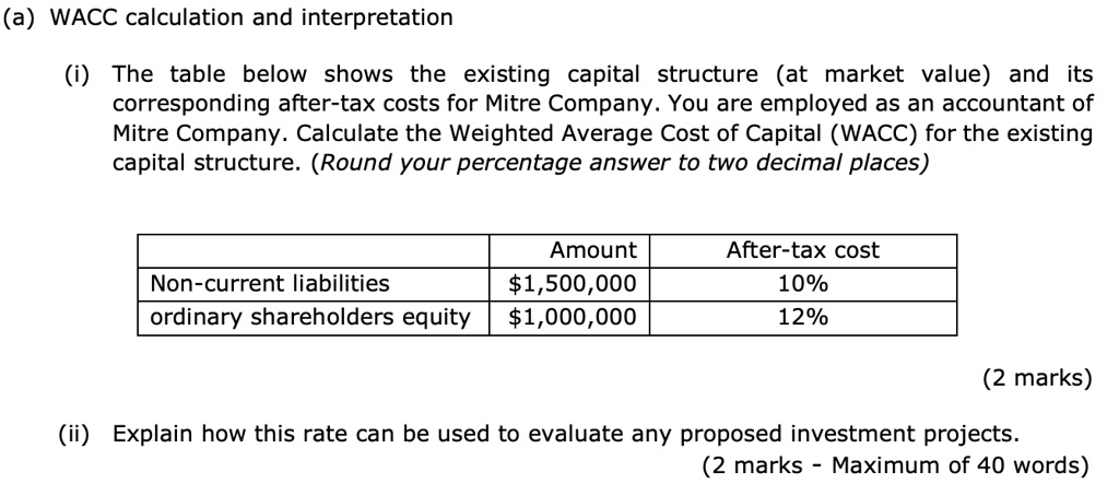 SOLVED: (a) WACC Calculation and Interpretation (i) The table below ...