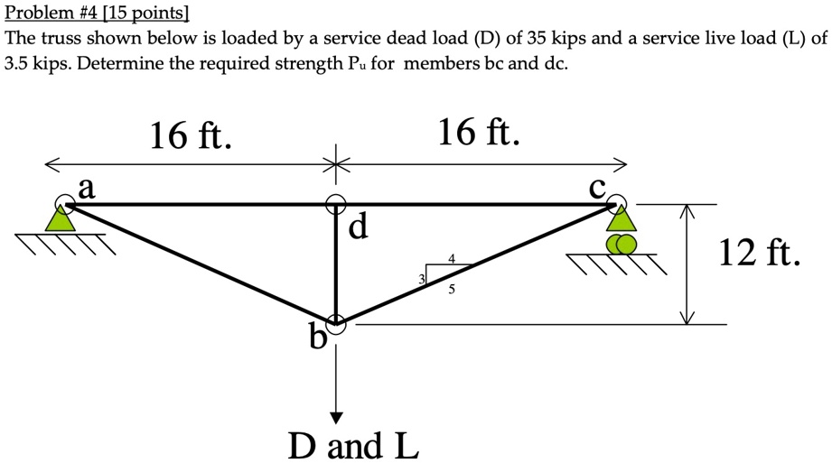 the truss shown below is loaded by a service dead load d of 35 kips and ...