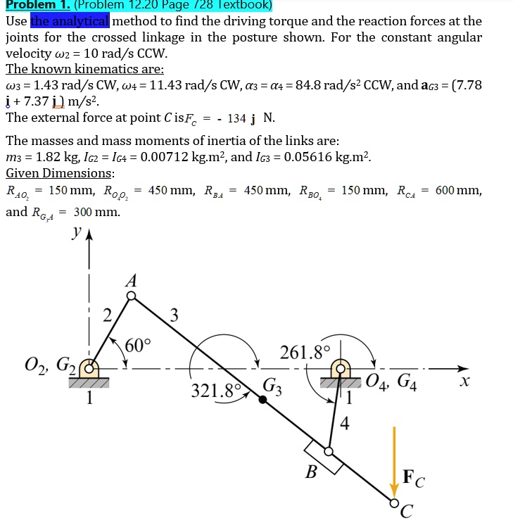 SOLVED: Use the analytical method to find the driving torque and the reaction forces at the ...