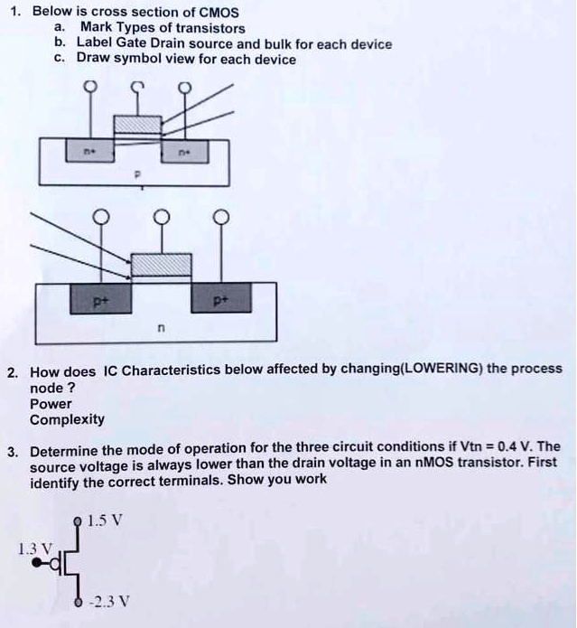 1. Below is cross section of CMOS a. Mark Types of transistors b. Label Gate Drain source and ...