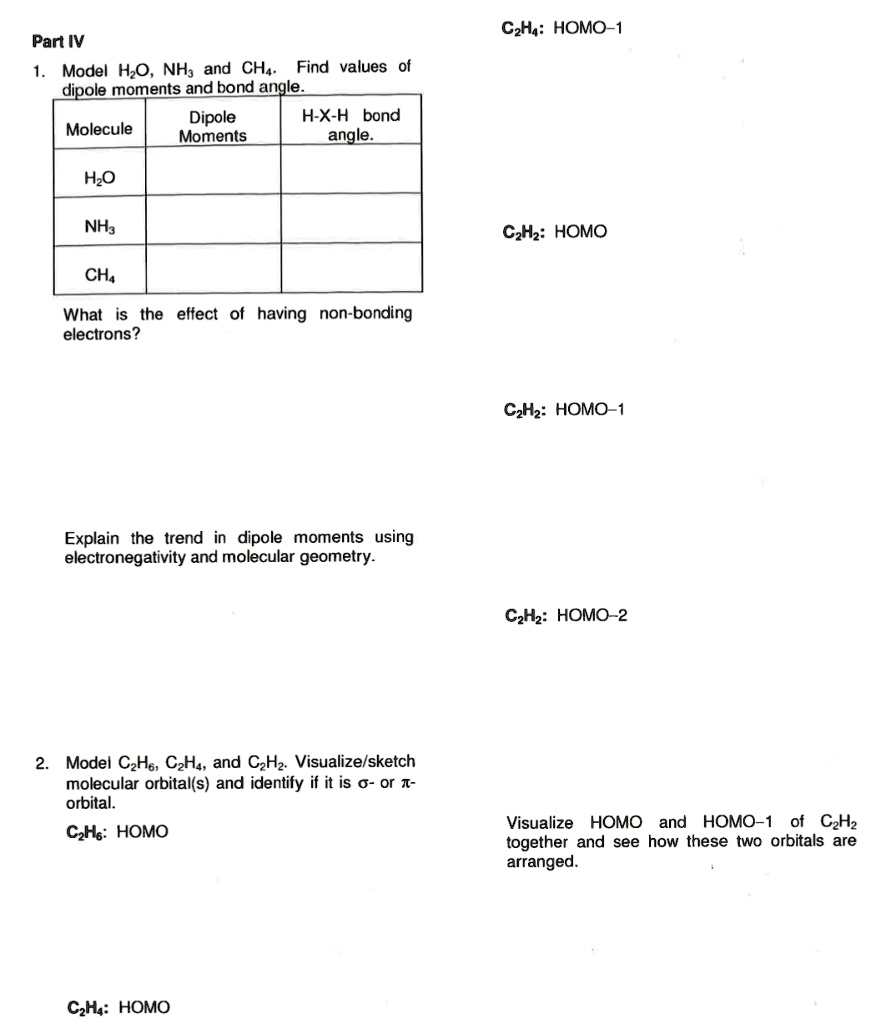 SOLVED: Part IV Model HO, NH; and CH4: Find values of dipole moments ...