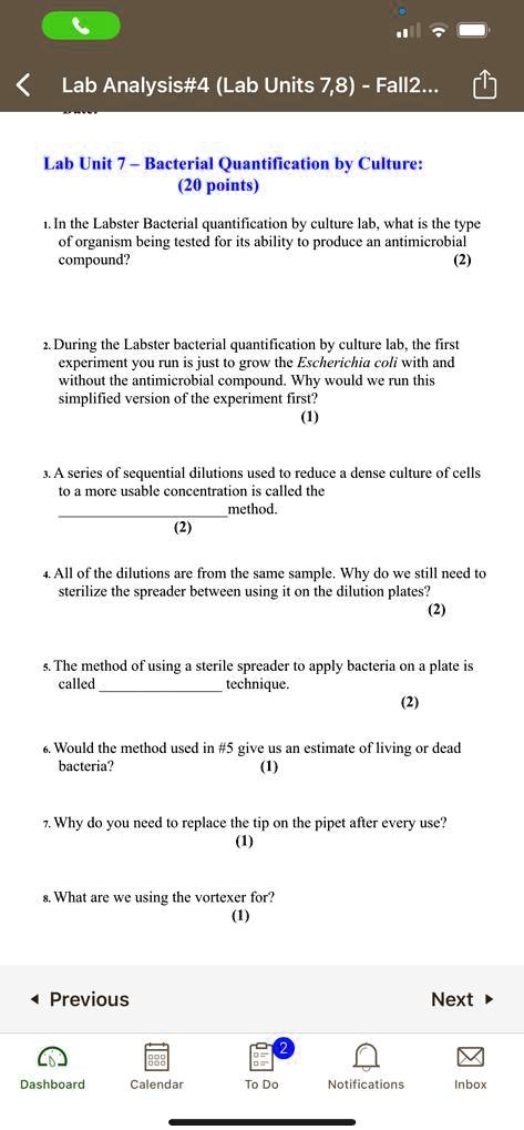 SOLVED: Lab Analysis #4 (Lab Units 7, 8) Fall Lab Unit 7: Bacterial ...
