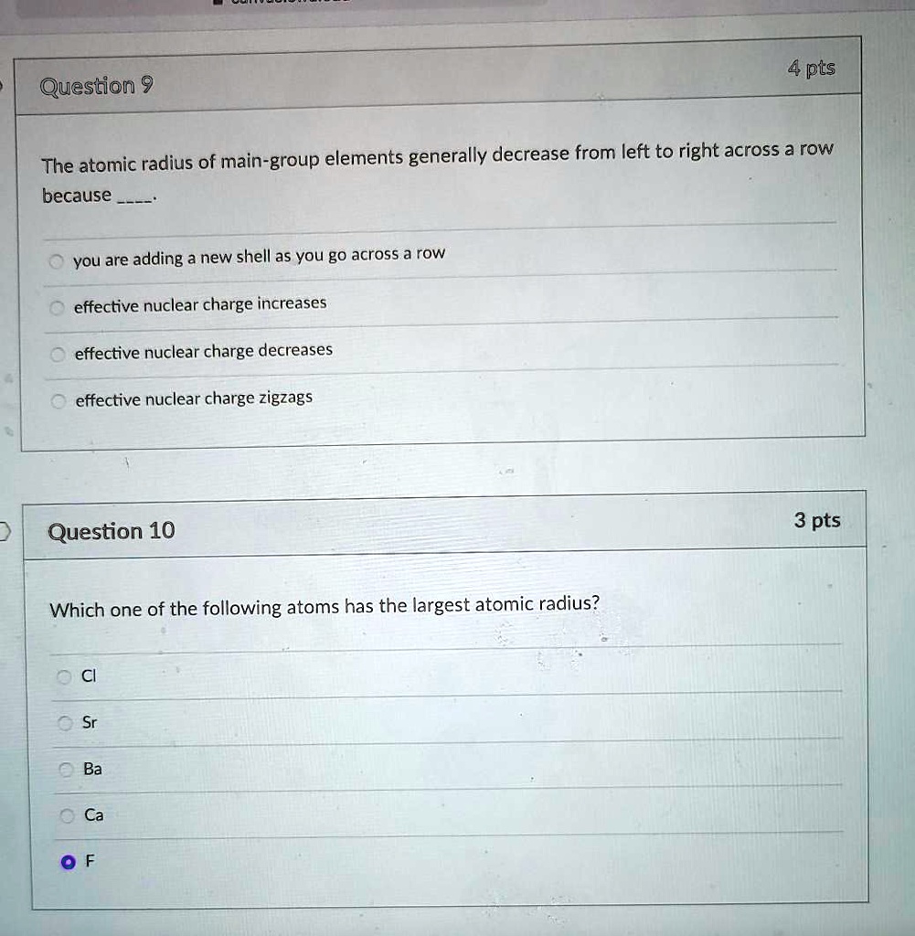 Solved Pts Question The Atomic Radius Of Main Group Elements Generally 5678