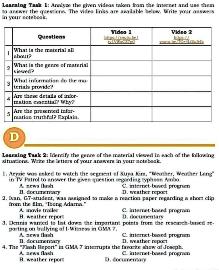 SOLVED: pa sagot ng matino plz need it now nonsense will be reported!! Learning Task 1: Analyze ...