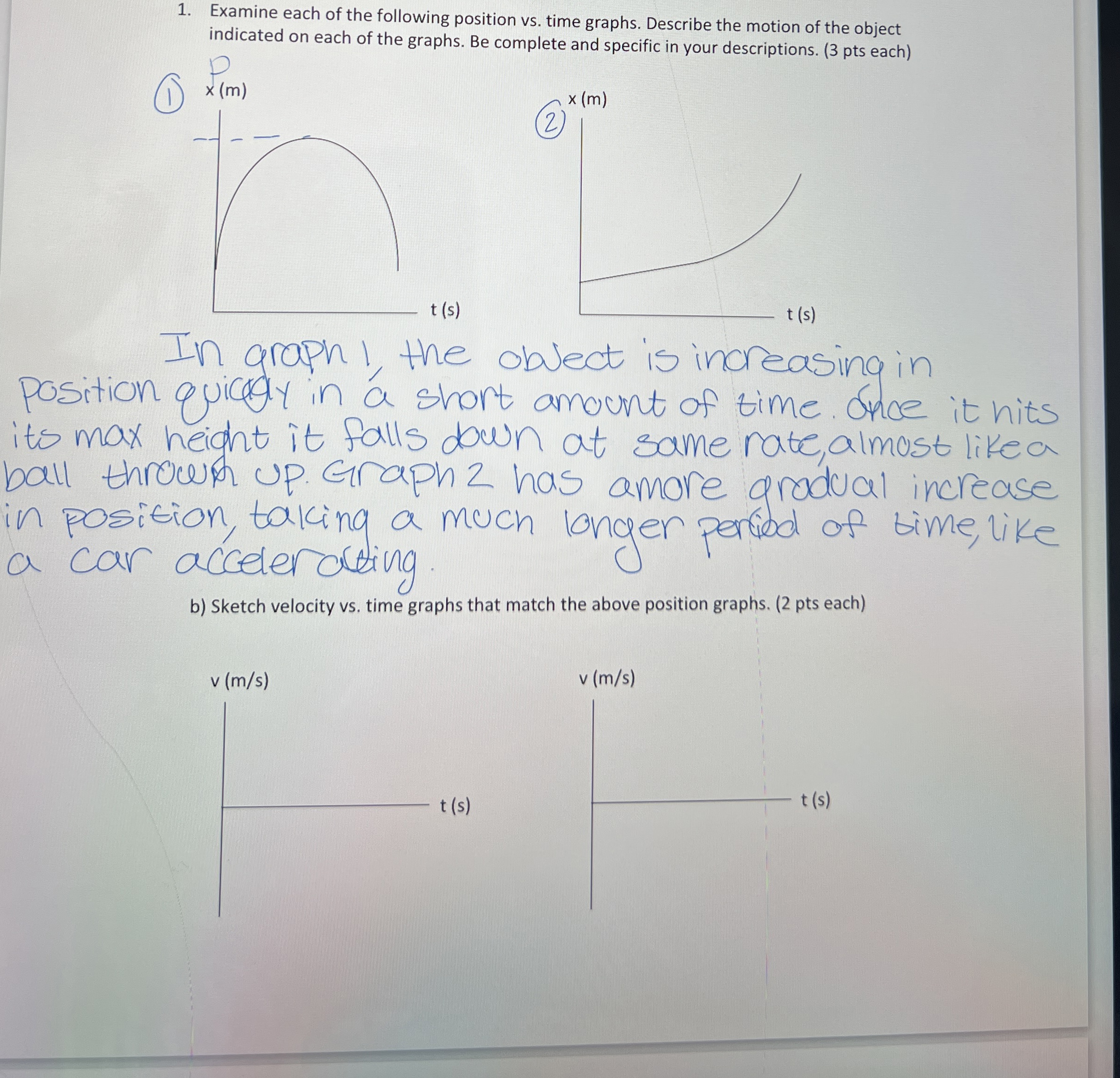 1. Examine each of the following position vs. time graphs. Describe the ...