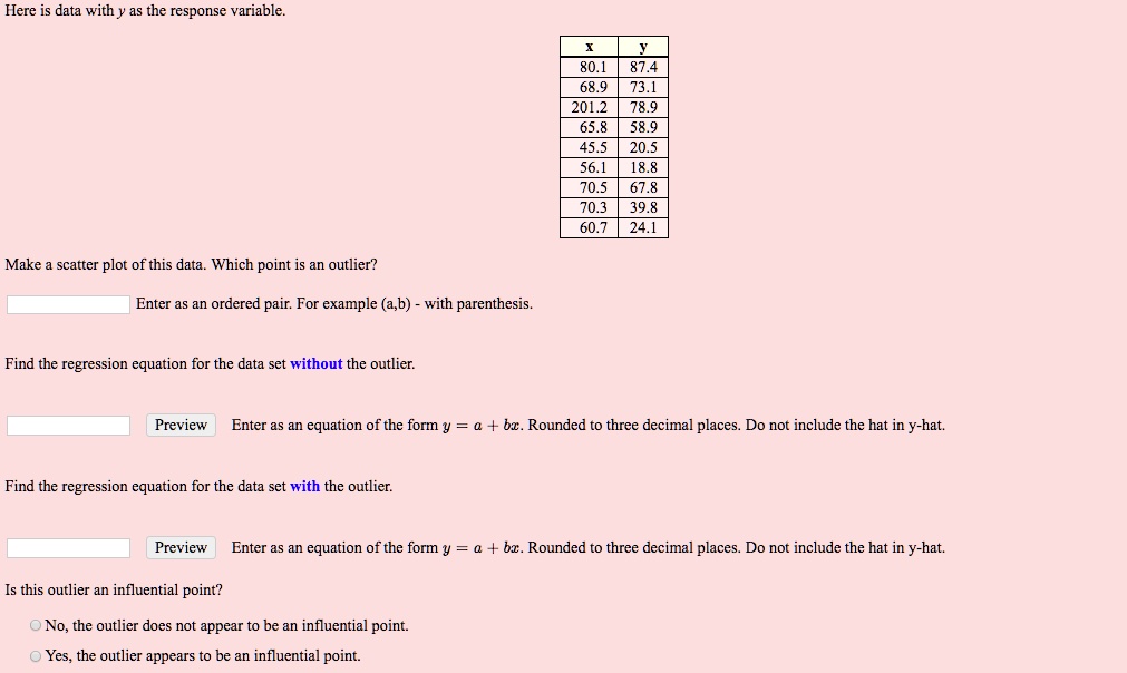 SOLVED: Here is data with as the response variable: 24.[ Make scatter plot of this data. Which ...