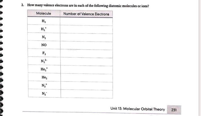 how many valence electrons are in each ofthe following diatomic molecules or ions molecule ...