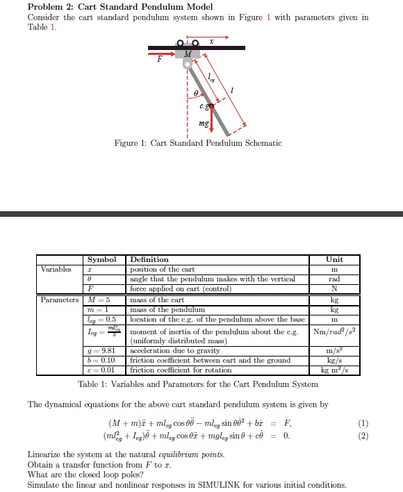 SOLVED: Problem 2: Cart Standard Pendulum Model Consider the cart standard pendulum system shown ...