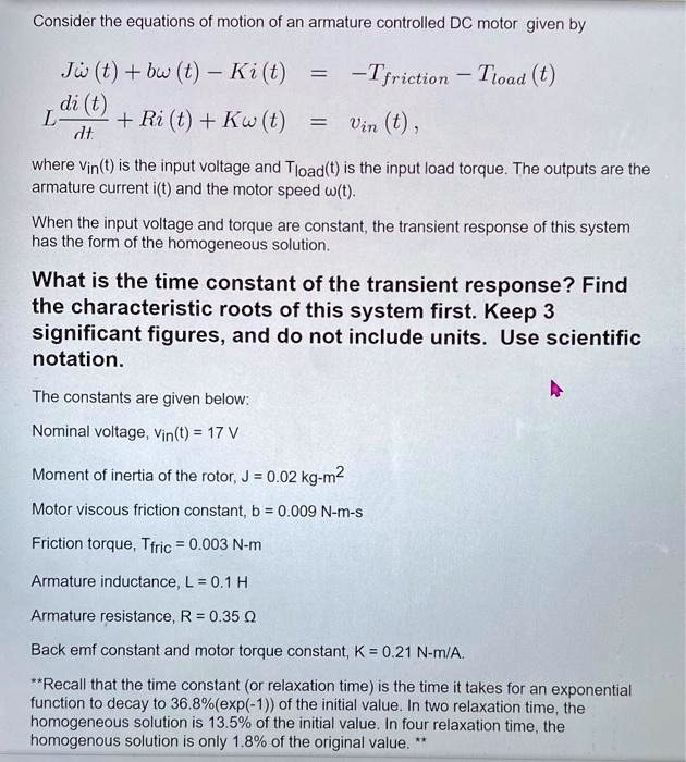 SOLVED: Consider the equations of motion of an armature controlled DC ...