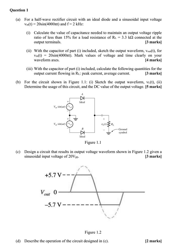 Question 1 (a) For a half-wave rectifier circuit with an ideal diode and a sinusoidal input ...