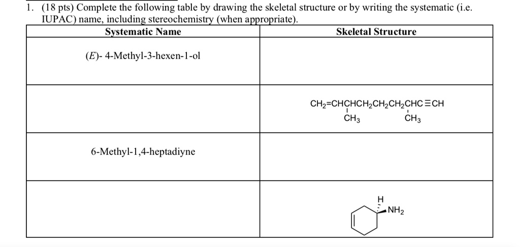 SOLVED: (18 pts) Complete the following table by drawing the skeletal structure or by writing ...