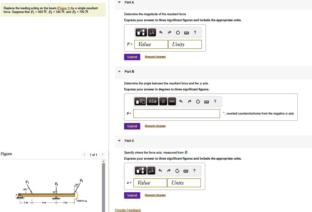 [GET ANSWER] Part A Replace the loading acting on the beam (Figure 1) by a single resultant ...