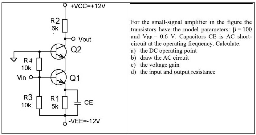 SOLVED: +VCC = +12V R2 = 6k For the small-signal amplifier in the ...