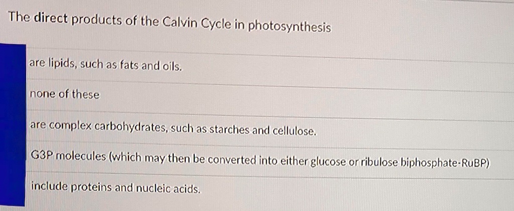 The direct products of the Calvin Cycle in photosynthesis are lipids ...