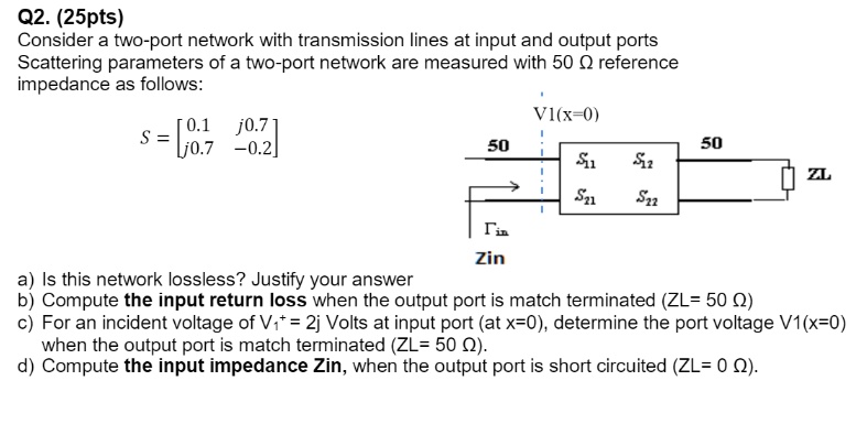 q2 25pts consider a two port network with transmission lines at input and output ports ...