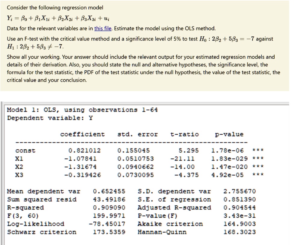 SOLVED: Consider the following regression model Yi = Bo + B1Xli + B2Xzi + B3Xai + Ui. Data for ...
