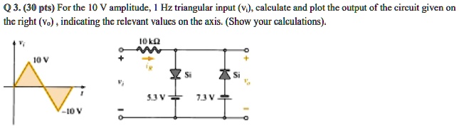 Q3. (30 pts) For the 10 V amplitude, 1 Hz triangular input (vi), calculate and plot the output ...