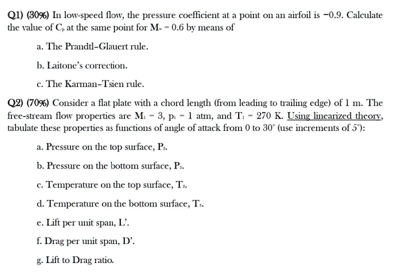 SOLVED: Q1 (30%): In low-speed flow, the pressure coefficient at a ...