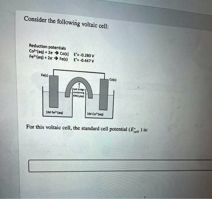 consider the following voltaic cell reduction potentials col aql 2e cols fe aq 2e 0280 v fes e ...