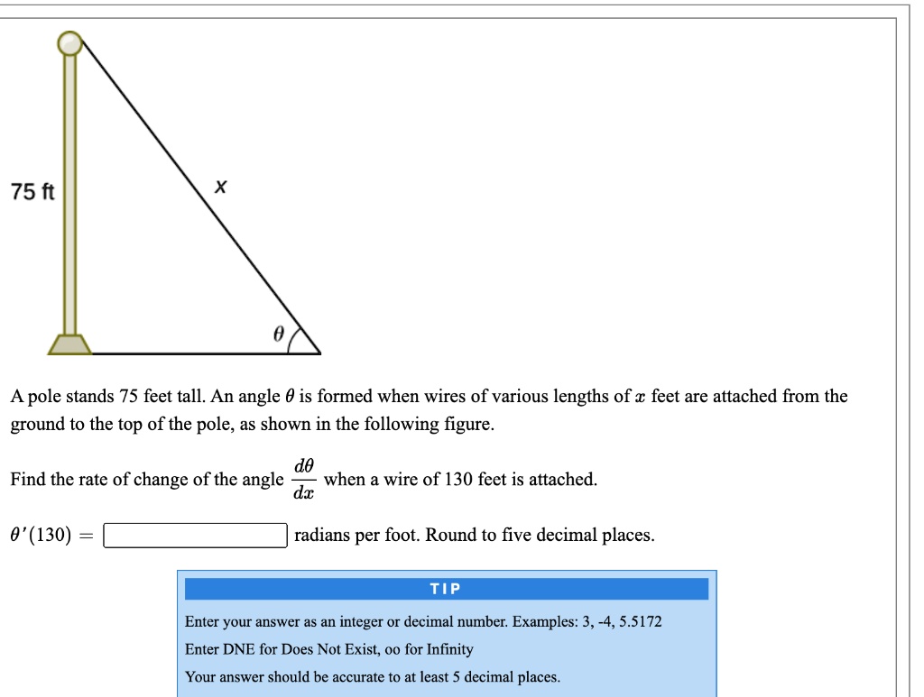 SOLVED: 75 ft pole stands 75 feet tall. An angle 0 is formed when wires ...