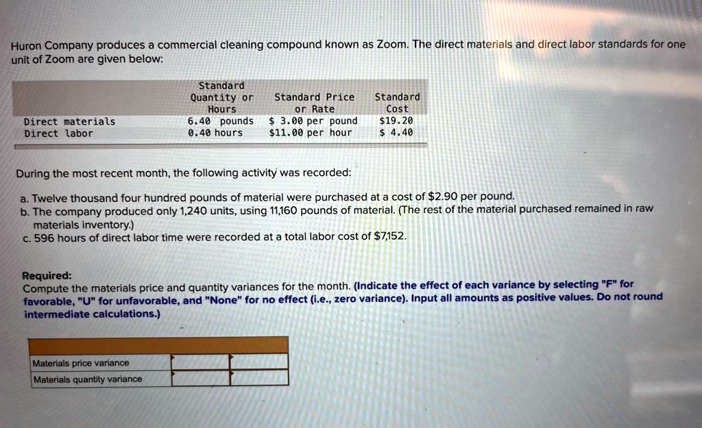SOLVED: Huron Company produces a commercial cleaning compound known as ...