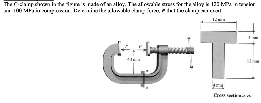 The C-clamp shown in the figure is made of an alloy. The allowable ...