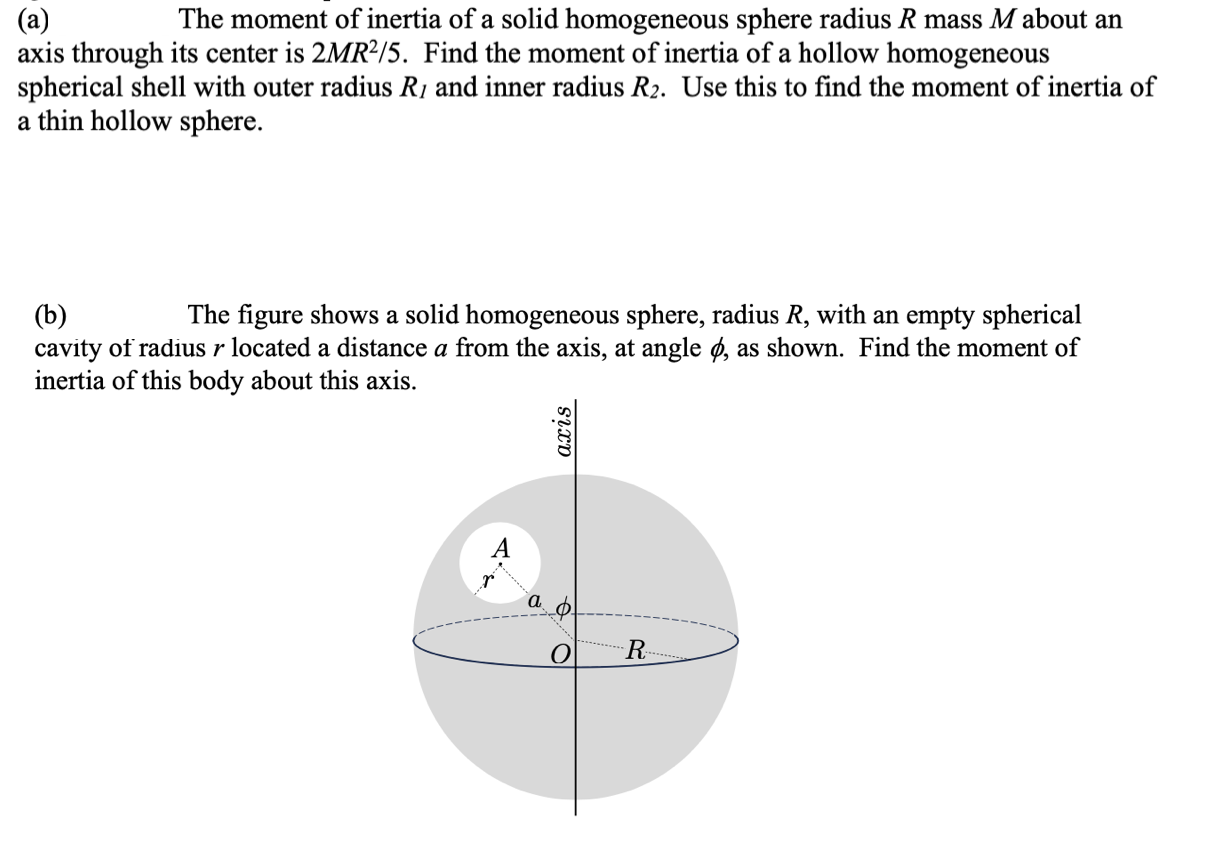 (a) The moment of inertia of a solid homogeneous sphere radius R mass M ...