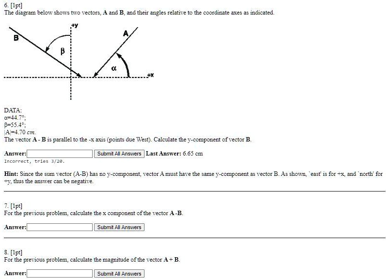 SOLVED: The diagram below shows two vectors, A and B, and their angles relative to the ...