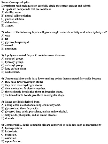SOLVED: Focus Concepts - Lipids Directions: Read each question ...