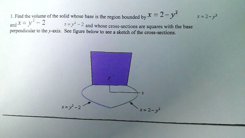 VIDEO solution: Find the volume of the solid whose base is the region bounded by x=2-y^2, x=2-y ...