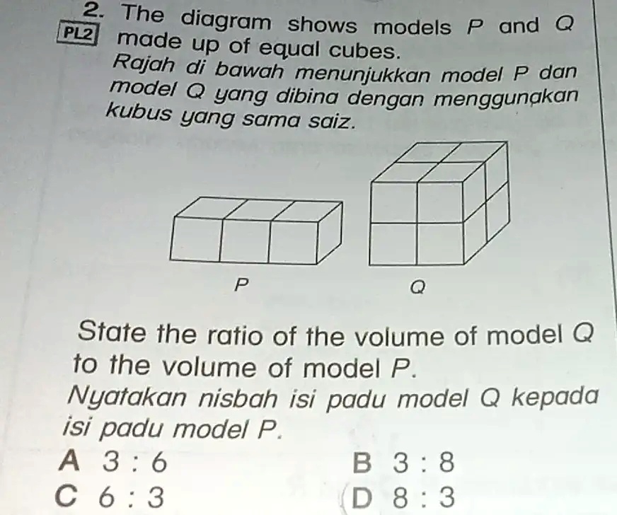 2. The diagram shows models P and Q PL2 made up of equal cubes. Rajah ...
