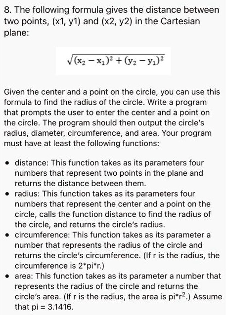 SOLVED: 8.The following formula gives the distance between two points ...