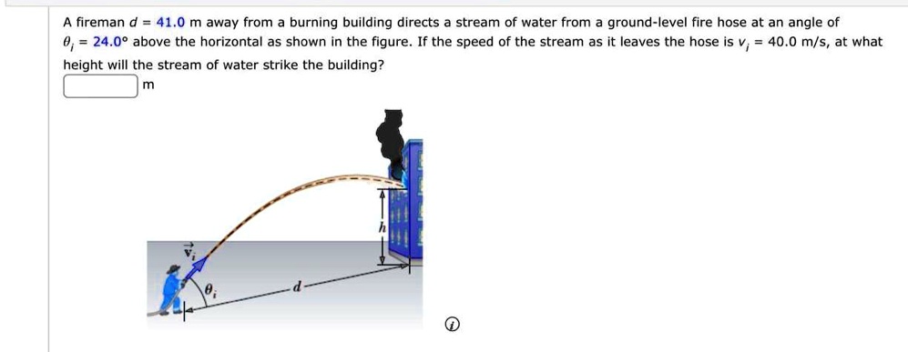 SOLVED: A fireman is 41.0 m away from a burning building and directs a ...