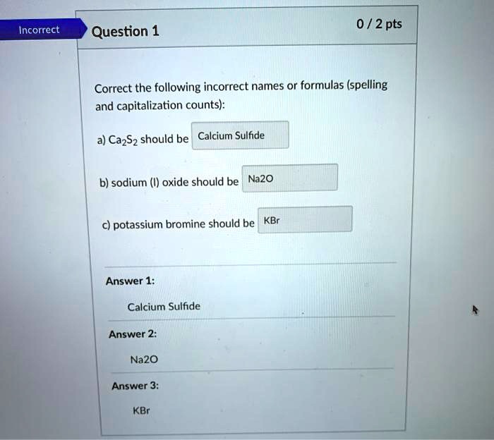 SOLVED: Question 1 Correct the following incorrect names or formulas (spelling and ...