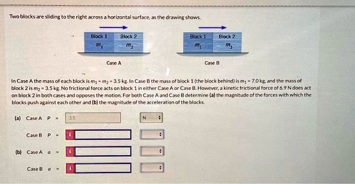 SOLVED: Texts: Two blocks are sliding to the right across a horizontal surface, as the drawing ...